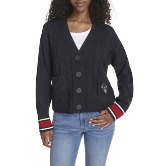 Tommy Hilfiger Damen Boxy Varsity Cable Cardigan Strickjacke, Sky Captain Multi, X-Klein