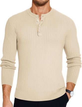 Coofandy Langarmshirts für Herren Henley Langarm Pullover mit Knopfleiste Feinstrick Rundhals Winterpulli Sweater Beige S