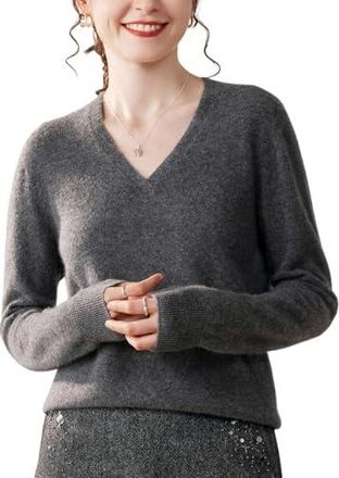 Dissa Pull Cachemire Femme Col V Uni Tricot&eacute; en Vrac Manches Longues Fin Pull en Cachemire et Laine,Gris,EU 42,MH605