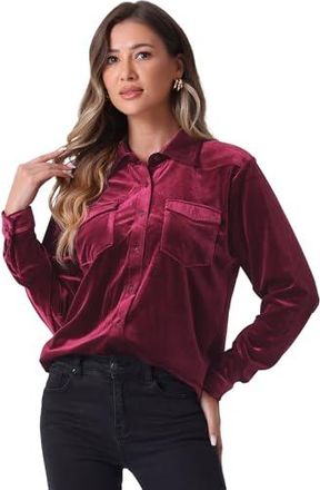 Allegra K Chemise en Velours à Manches Longues pour Femmes Hauts décontractés boutonnés pour lhiver Bordeaux M