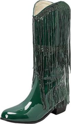 Generic Bottes hautes au genou pour femme avec franges de mollet larges et longues bottines &eacute;l&eacute;gantes &agrave; bout pointu de couleur unie &agrave; talon &eacute;pais &eacute;l&eacute;gantes et