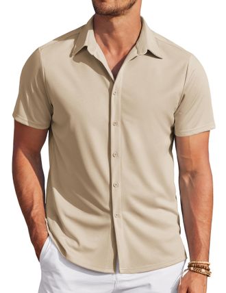 Coofandy Hemden Herren Kurzarm Casual Sommerhemd Beach Shirts M&auml;nner Freizeithemden Button Down Regular Fit Shirts Khaki XXXL