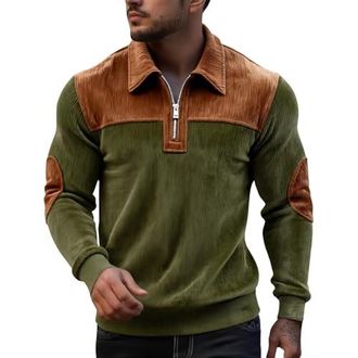 Generic Pull c&ocirc;tel&eacute; r&eacute;tro pour homme, col montant patchwork quart de fermeture &eacute;clair, sweat-shirt d&eacute;contract&eacute; &agrave; fermeture &eacute;clair 1/4, Vert noir, XXL