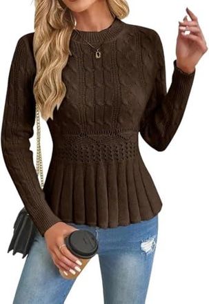 Generic Haut en tricot épais à col rond et manches longues pour femme, doux et léger, marron, XXL