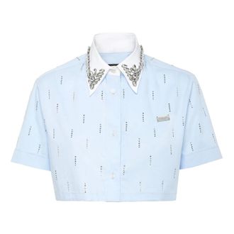 Philipp Plein Femme, Blouses et Chemises, Bleu, Taille: 36 FR Poplin Cropped Shirt SS Strass