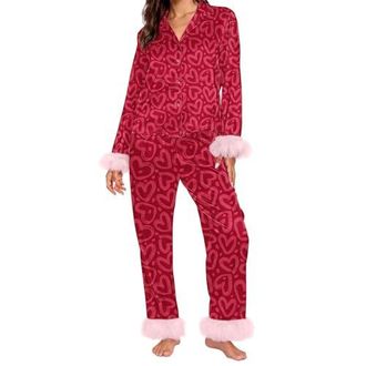 Generic Ensemble de pyjama en satin pour femme - V&ecirc;tement de nuit imprim&eacute; coeur - Haut et pantalon boutonn&eacute;s - Tenue 2 pi&egrave;ces - Pyjama en soie doux et confort