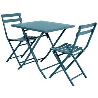 Hesperide Salon de jardin carr&eacute; en m&eacute;tal Greensboro 70 x 70 cm Bleu Canard avec 2 chaises - Hesp&eacute;ride