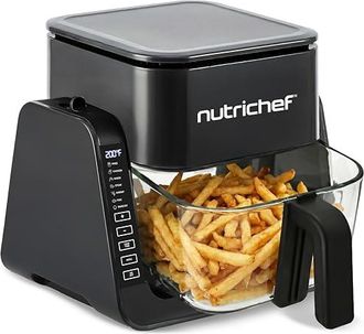 Nutrichef Hei&szlig;luftfritteuse + Elektrogrill, 4L Airfryer mit Sichtfenster bis 360 &deg;C, 7 Programme, Antihaft & Sp&uuml;lmaschinenfest, Fettfrei Frittieren, Grillen, Ba