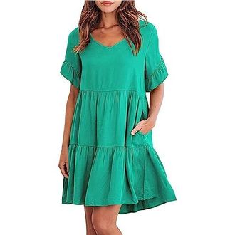 Generic Robe d&eacute;t&eacute; d&eacute;contract&eacute;e pour femme - Col en V - Ourlet &agrave; volants - Poche - Ligne A - Mini robe de plage swing &agrave; manches courtes, vert, XXL
