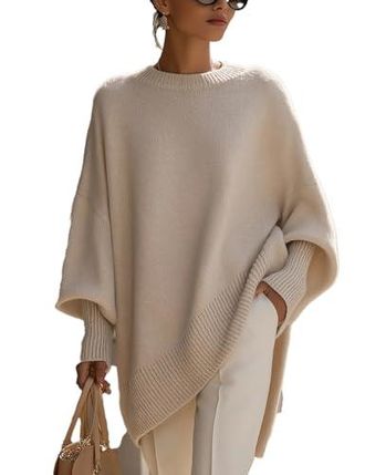 Generic Pull surdimensionn&eacute; &agrave; manches chauve-souris pour femme - Tunique d&eacute;contract&eacute;e &agrave; col rond - Pull tendance en tricot c&ocirc;tel&eacute; doux et confortable, abricot