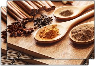 Wallario 2er Set Fr&uuml;hst&uuml;cksbrettchen aus Glas, Glasunterlage, Glasbrettchen Kr&auml;uter und Gew&uuml;rze auf Holzl&ouml;ffeln, Gr&ouml;&szlig;e 30 x 20 cm, Sicherheitsglas