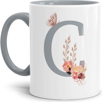 Tassendruck Buchstaben-Tasse mit Blumen - Buchstabe C - Innen & Henkel Grau - Mug/Cup/Becher/Edel/Geschenk-Idee/Beste Qualit&auml;t - 25 Jahre Erfahrung