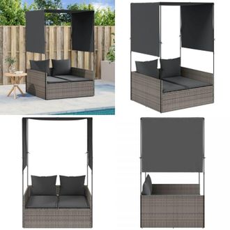vidaXL Vidaxl - Doppel-Sonnenliege mit Dach und Vorh&auml;ngen Grau Poly Rattan - Doppel-Sonnenliege - Gartenliege - Poolliege - Outdoor M&ouml;bel - Lounge Set