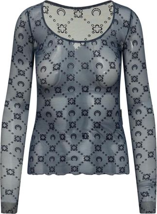Marine Serre Femme, Tops, Bleu, Taille: 42 FR Moonogram Mesh Flock Top &agrave; Manches Longues et Col Rond