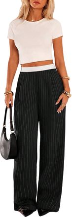 SOLY HUX Damen Hose Elegant Gerade Bein Anzughose Hohe Elastischer Bund Freizeithose Gestreift Palazzo Pants Casualhose Business Outfit Schwarz S