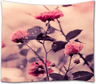 A.Monamour Wandteppiche Rosa Rosen Blumen Garten Landschaft Bei Sonnenuntergang Floral Background Print Stoff Wandbehang Tapisserie Vorhänge Tischdecke Bettdecke