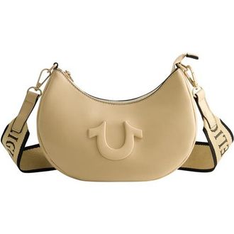 True Religion Womens Shoulder Bag Purse, Crescent Hobo Handbag with Adjustable Removable Strap and Horseshoe Logo, Camel