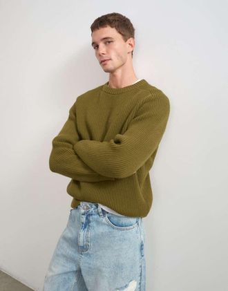 Topman Fisherman-Rippstrick-Pullover in Khaki-Gr&uuml;n
