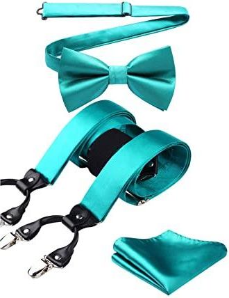 Hisdern Bretelles Homme Turquoise Vert et Noeud Papillon Mouchoir Carreaux Réglable en Forme de Y avec 6 Clips Braces Suspender Set