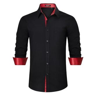 Hisdern Chemises Homme Manches Longues Chemise D&eacute;contract&eacute;e Homme Boutonn&eacute;es Chemises Formelles Business Chemise Regular Fit Casual Shirt Noir/Rouge XXL