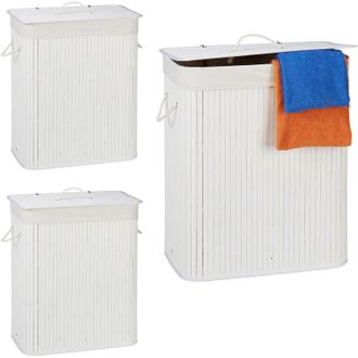 Relaxdays 3 x W&auml;schekorb Bambus mit Deckel, rechteckiger W&auml;schesammler, 2 F&auml;cher, 95 l Volumen, faltbare W&auml;schebox, wei&szlig;