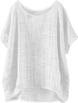 Generic Chemisier ample en lin pour femme - Tuniques surdimensionn&eacute;es - En coton et lin - Chemisier d&eacute;t&eacute; - T-shirt ample &agrave; manches courtes - Col rond - T-shir