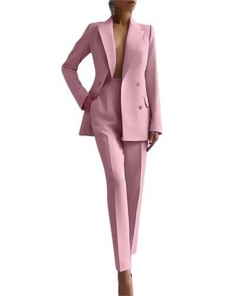 Generic Tenue deux pi&egrave;ces pour femme : blazer &agrave; double boutonnage et pantalon &agrave; jambe droite, look d&eacute;contract&eacute; &eacute;l&eacute;gant, Rose, XXL