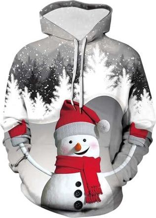 Generic Pull à capuche de Noël pour homme - Imprimé 3D - Motif bonhomme de neige - Pull moche et amusant à manches longues et col rond - Pour les fêtes dhiver