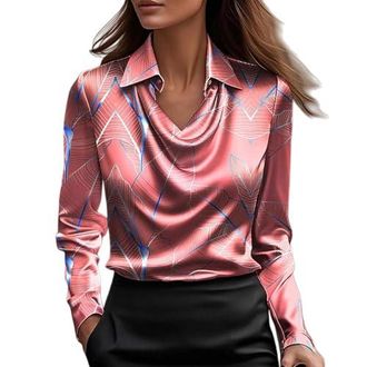 Generic Chemise en satin pour femme avec col &agrave; revers et col b&eacute;nitier en soie &agrave; manches longues - Haut graphique en satin - Chemises de travail d&eacute;contract&eacute;es 