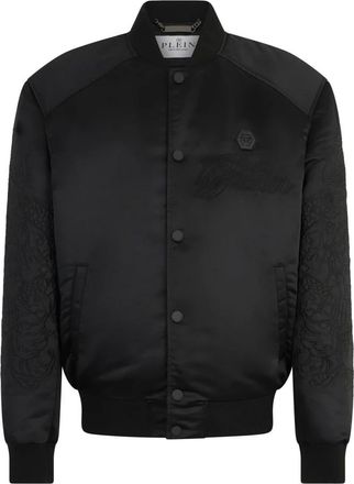 Philipp Plein Homme, Vestes, Noir, Taille: XL Satin Bomber Jacket Skull Dragons
