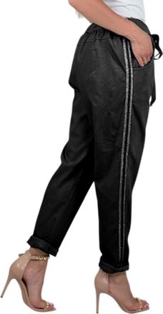 Mississhop 348 Damen Hose Freizeithose Baumwollhose Baumwolle mit Seitlichen Silberstreifen Glitzerstreifen Schwarz