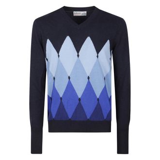Ballantyne Pull Col en V Classique Diamant Intarsia - Homme - Pulls - Bleu - Taille: L