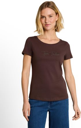 Tom Tailor Kurzarmshirt TOM TAILOR, Damen, Gr. XXL, braun (java schwarz braun), Single Jersey, Obermaterial: 100% Baumwolle, unifarben, regular fit h&uuml;ftbedeckend