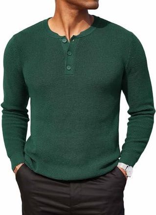Coofandy Henley Pull dhiver en tricot pour homme avec boutons Pull en tricot épais gaufré, Vert océan., XL