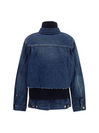 sacai Womens Denim Jacket With Wool Knit Layer Blue&times;d-Navy Cotton Blue&times;d/navy