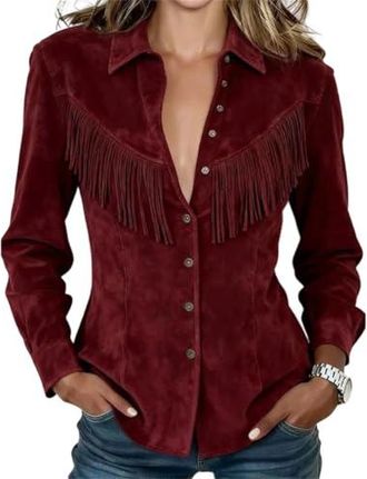 Generic Veste vintage en daim &agrave; col rabattu pour femme avec boutons et pompons &agrave; manches longues, 4, L