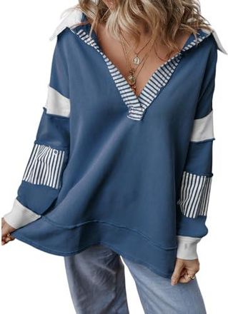 Generic Chandail surdimensionn&eacute; &agrave; blocs de couleurs pour femmes, polo &agrave; col en V, chemises &agrave; manches longues, style d&eacute;contract&eacute; et ample, bleu marine, XXL