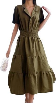 Generic Robe de plage boh&egrave;me 2026 pour femme d&eacute;t&eacute; 2025 d&eacute;contract&eacute;e midi maxi l&eacute;g&egrave;re &agrave; manches courtes col en V taille &eacute;lastique poches, vert militaire, XXL