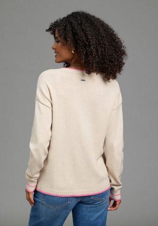 Laura Scott V-Ausschnitt-Pullover mit aufgesetzter Tasche und l&auml;ssiger Passform mit Kontraststreifen