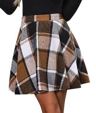 Minetom Jupe Femme Hiver Vintage &Eacute;l&eacute;gant Taille Haute Carreaux Taille &Eacute;lastique Mini Jupe Laine Chaud A-Line Pliss&eacute;e Jupe Casual Party A Kaki M