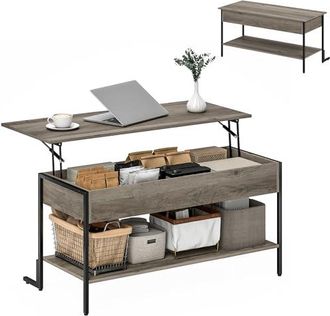 HOMCOM Table Basse avec Plateau relevable, Compartiment dissimul&eacute; et &eacute;tag&egrave;re Ouverte, Pieds Stables en L renforc&eacute;s, Table de Salon Industrielle pour Salon ou