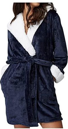 Generic Peignoir &agrave; capuche doubl&eacute; Sherpa super doux pour femme - Peignoir court en flanelle polaire avec ceinture et poches - V&ecirc;tement de nuit luxueux, chaud 