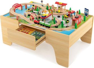 Costway Costway - 2 en 1 84 pcs Table Circuit de Train en Bois avec Plateau R&eacute;versible, Table Enfants avec Tiroir, Coins Arrondis, Table de Jeux Train pour