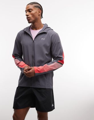 Under Armour Velociti Storm - Lauf-Jacke in Castlerock Grey und Racer Red mit Kapuze-Grau