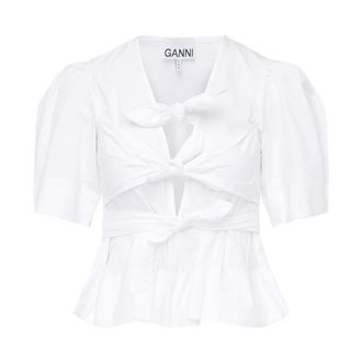 Ganni Femme, Blouses et Chemises, Blanc, Taille: 36 FR Blouse &agrave; col en V et &agrave; nouer sur le devant
