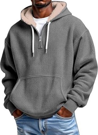 Generic Sweat &agrave; capuche pour homme avec fermeture &eacute;clair 1/4 - Confortable - Manches longues - Pull dext&eacute;rieur - Couleur unie - Pull en tricot - Haut d&eacute;contra