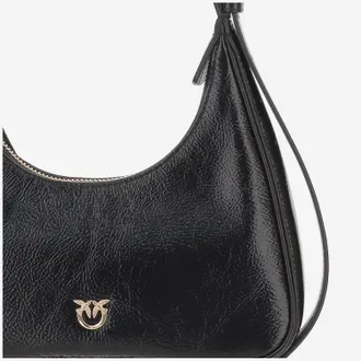 Pinko Womens Glossy Leather Hobo Bag Black Shoulder