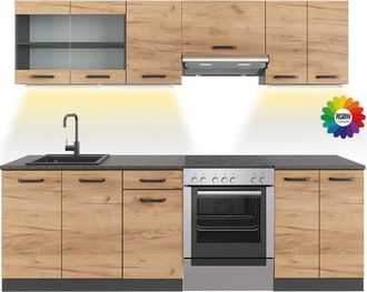 Vicco K&uuml;chenzeile Raul, Goldkraft Eiche/Anthrazit, 240 cm, AP Schwarz Gemustert mit LED-Leisten