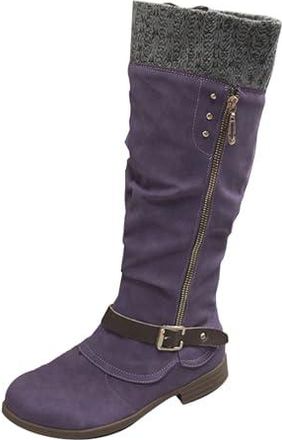 Generic Bottes hautes pour femme - Style d&eacute;contract&eacute; et confortable - Col en tricot &eacute;l&eacute;gant - Boucle &agrave; talon bas - Fermeture &eacute;clair lat&eacute;rale - Bottes d&eacute;quitat