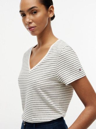 Tommy Hilfiger Kurzarmshirt CO LINEN V-NECK SHORT SLEEVE TEE mit V-Ausschnitt, Regular Fit